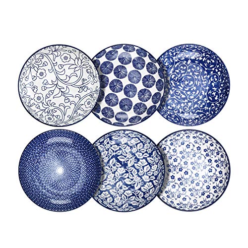 Selamica Porcelain Salad Pasta Bowls, Serving bowls, Microwave & Dishwasher Safe, Sturdy & Stackable - 26 Ounce, Set of 6, Vintage Blue
