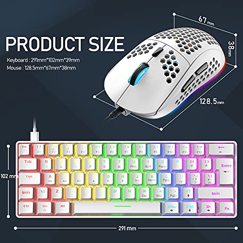 60% Mechanical Gaming Keyboard, Red Switches, Spill Resistant Rainbow LED Backlit Compact TKL Wired Keyboard, Programmable Macro Function RGB Mouse 6400 DPI, For PC Gamers, Office Typists (White)