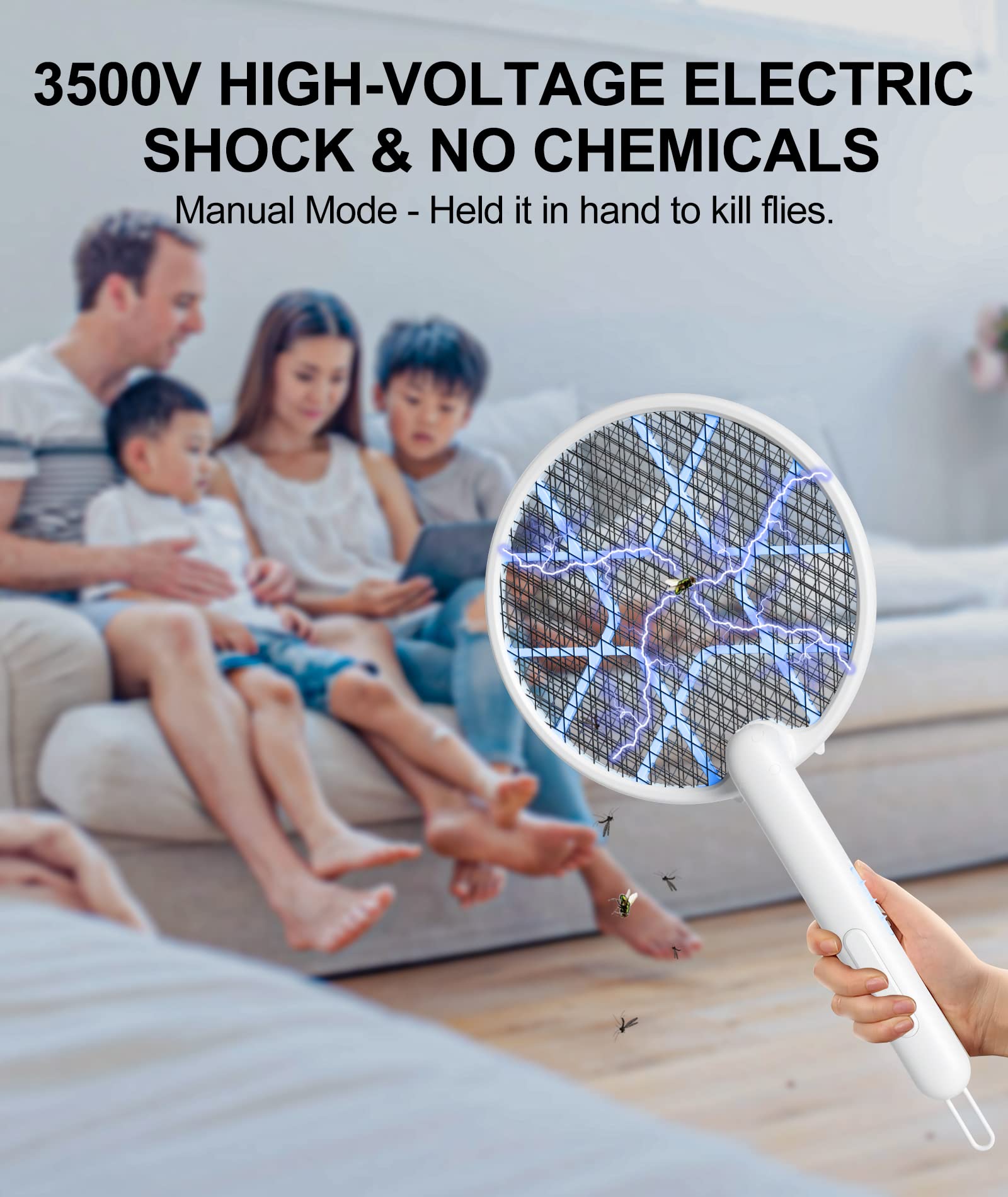 MOSQZAP Electric Fly Swatter 2 Pack, Foldable Bug Zapper Racket USB Rechargeable Fly Zapper Mosquito Zapper Racket w/Hands-Free & Handhold Modes, Outdoor/Indoor Killer for Flies, 3,500 Volt