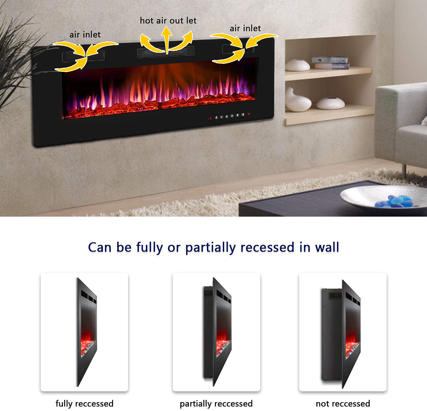 60 inch Electric Fireplace Wall Mounted Led Wall Fireplace Drifting Fireplace Recessed Electric Fireplace Inserts, Adjustable Flame Color Electric Fireplace