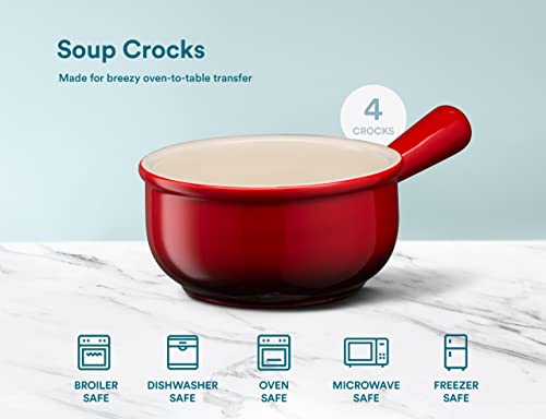 KooK French Onion Soup Crocks, Ceramic Bowls, Broil, Oven, Microwave and Dishwasher Safe, for Cereal, Soups, Casseroles, with Handle, Stoneware, 15 oz, Set of 4, Red Ombre