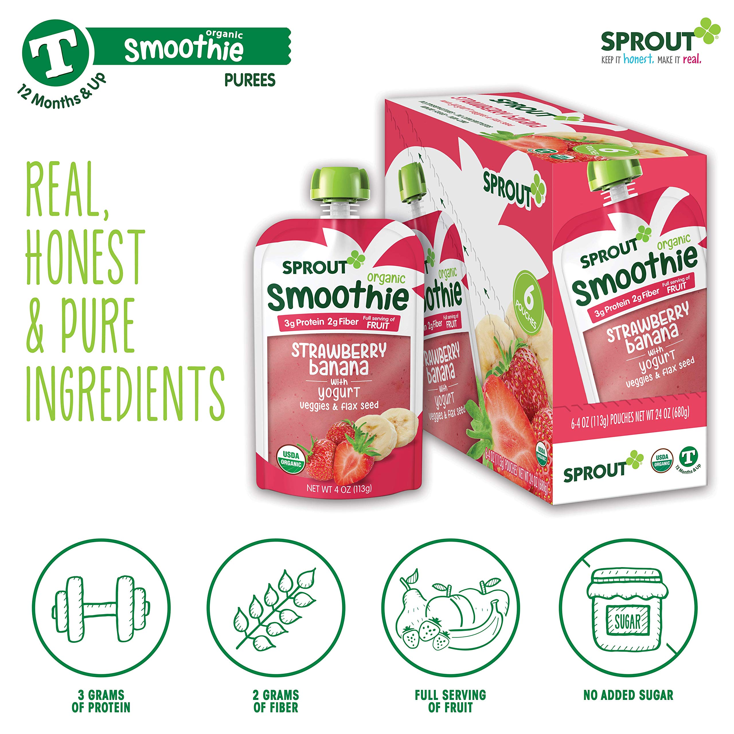 Sprout Organic Toddler Smoothie, Strawberry Banana w/ Yogurt, 4 Ounce Pouch (Pack of 6)