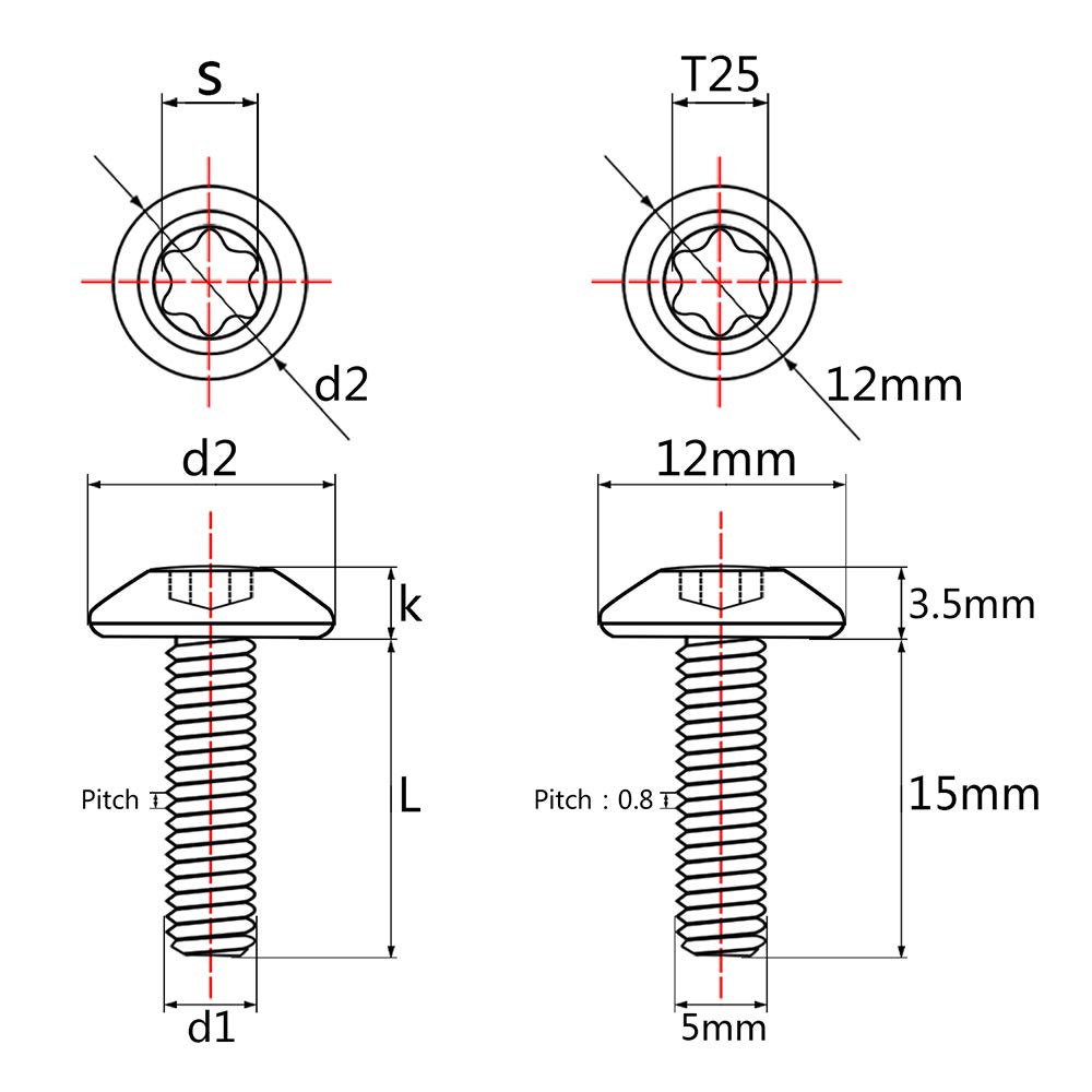 Wanyifa Titanium M4 M5 M6 10 12 15 20 25mm Button Torx Head Bolt Screw for Bicycle Motorcycle Pack of 4 (Black, M5x15mm)