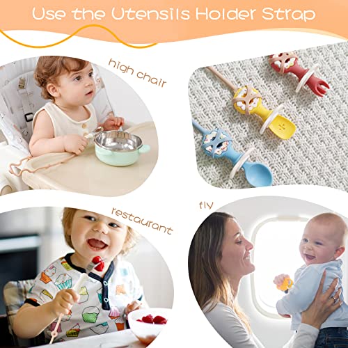 Baby Spoons Self Feeding 6 Month,Toddler Utensils Holder Strap Food Grade Silicone Keep Fork and Spoon Off The Floor Great for Kids,Hook On High Chair(Blue)