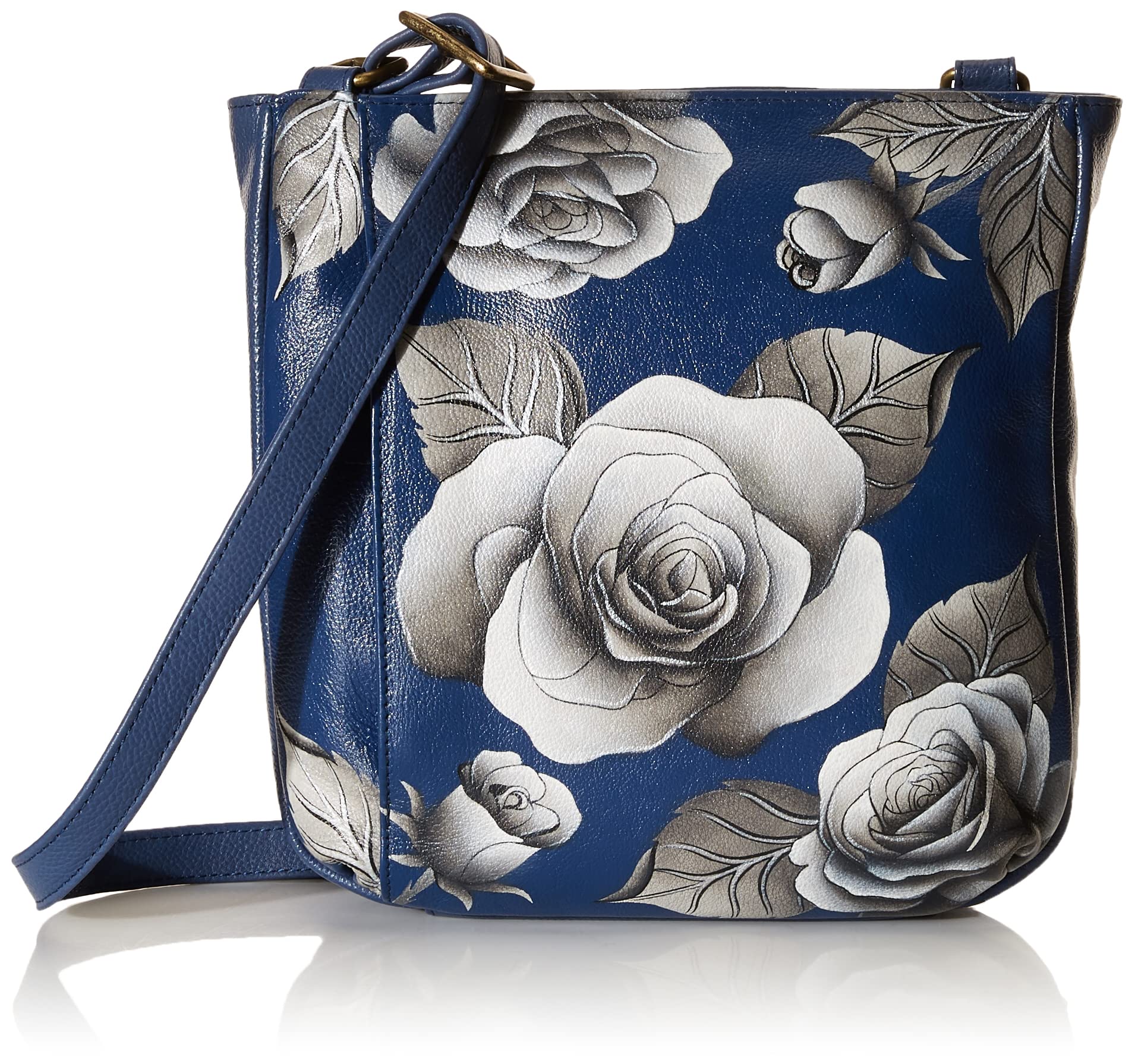 Anna by Anuschka Women's Anuschka Women s Genuine Leather Medium Crossbody Handbag Hand Painted Exterior Romantic Rose Bl, Romantic Rose Blue, One Size US