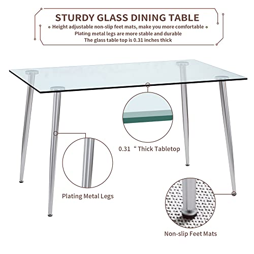 51 inch Glass Dining Table Set for 4, Dining Table & Chair Sets with Silver Plating Legs for Kitchen, Modern Rectangle Tempered Glass Table Top and Transparent Plastic Dining Chair for Dining Room
