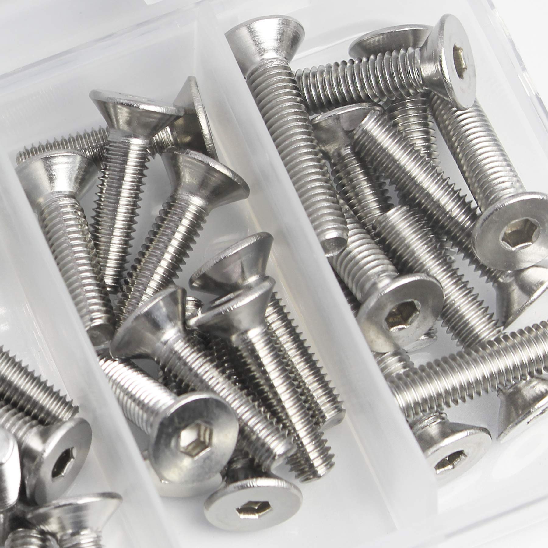 M5 x 8mm 12mm 16mm 20mm 25mm Flat Head Hex Socket Cap Screws Countersunk Bolts, 304 Stainless Steel, Fully Threaded, Bright Finish, Metric Allen Hex Drive, Assortment Kit 50PCS