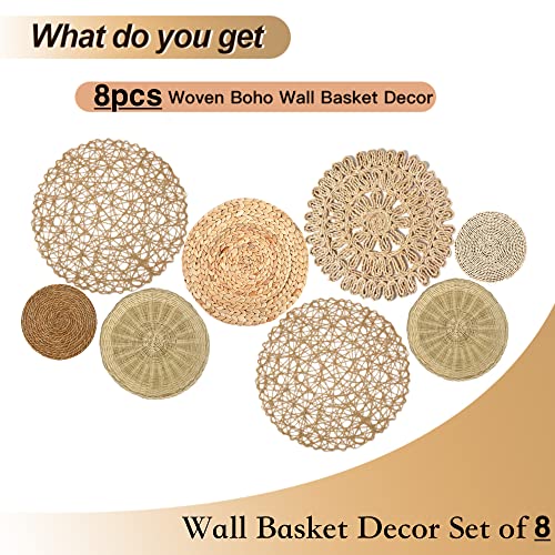Boho Wall Basket Decor set of 8 (Size: 4.3"-15"), Handmade Boho Wall Baskets Decor, Woven Seagrass Wicker Rattan Flat African Baskets Wall Hanging Decor