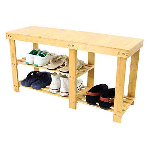 KKTONER Bamboo Shoe Rack Bench 3 Tier Entryway Shoe Storage Organizer Shelf Bamboo Bench with Shelves for Bedroom Living Room Kitchen Hallway(Natural Bamboo)