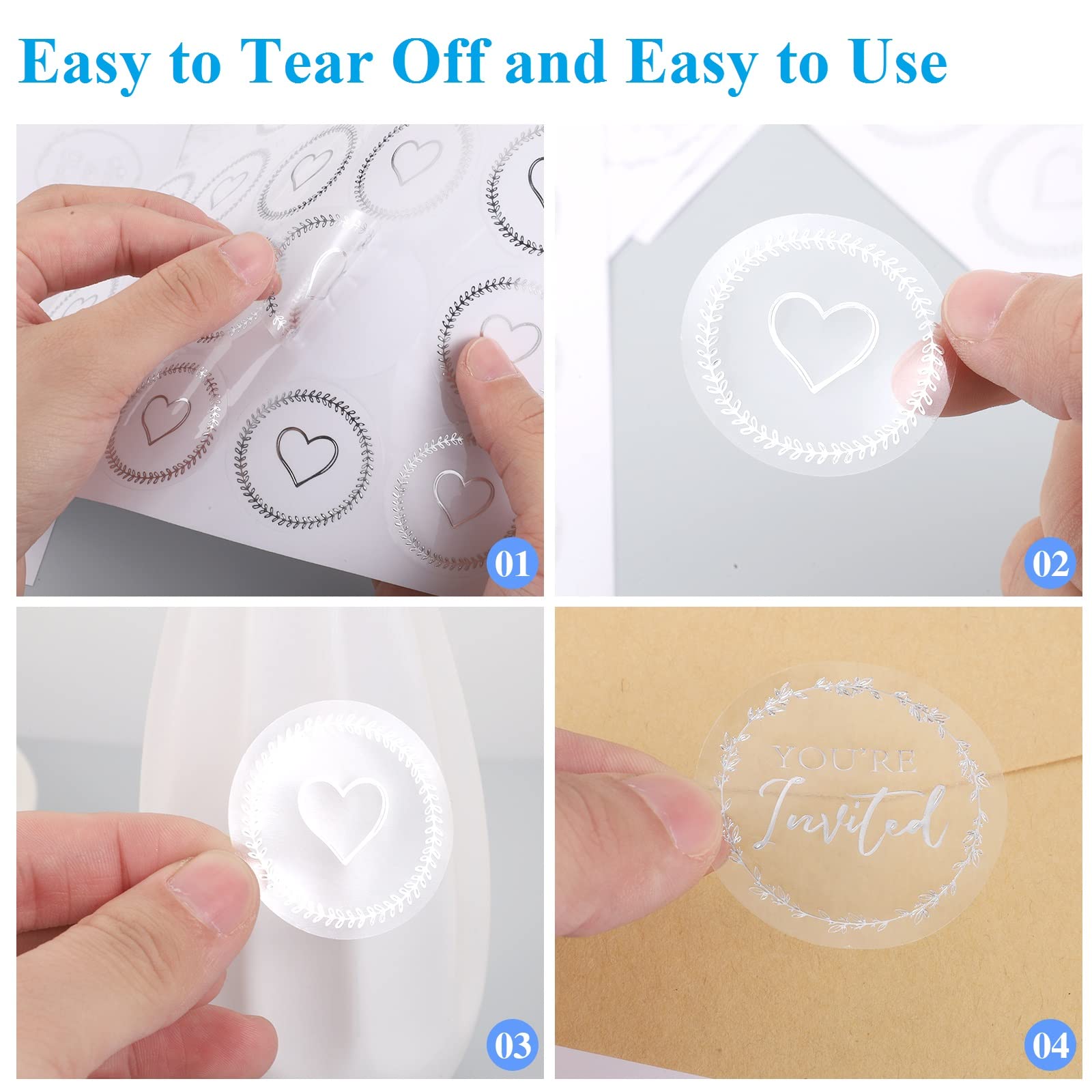400 Pcs Wedding Envelope Seal Stickers, 4 Style Clear Foil Save The Date Stickers Foiled Silver Wedding Stickers for Invitation, 1.5 inch