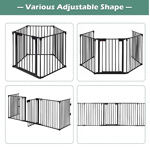 Costzon Baby Safety Gate, 121 Inch Length 5 Panel Adjustable Wide Fireplace Fence, BBQ Metal Fire Screen Gate, Pet Isolation Fence with Walk-Through Door, Freestanding Pets Gate (Black, 5-Panel)