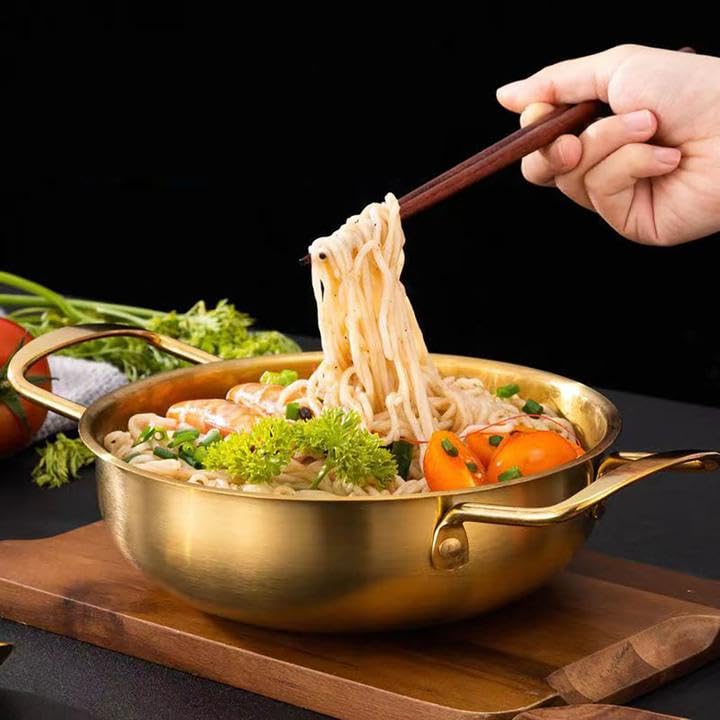 MBBITL Paella Pan Skillet Pan Gold Stainless Steel Serving Pan 8.6 Inches for Hot Pot Dry Pot Seafood Cooking