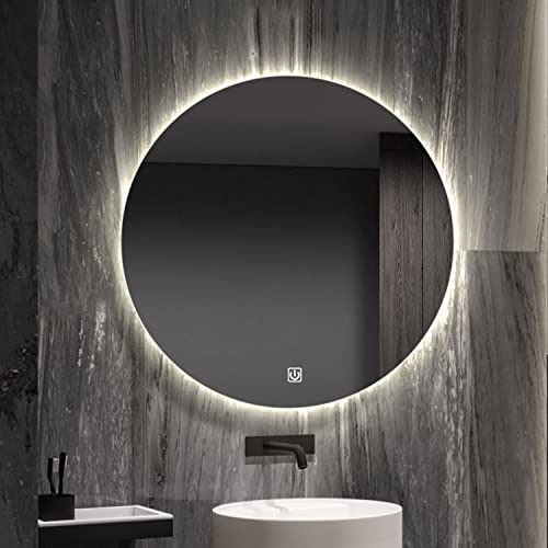 400mm-900mm Round Bathroom Mirror LED Illuminated Modern Mirror with Touch Sensor Switch, Energy Saving Wall Mounted Vanity Mirror with LED Light, IP44 Rated (Size : White light-800x800mm Mirror)