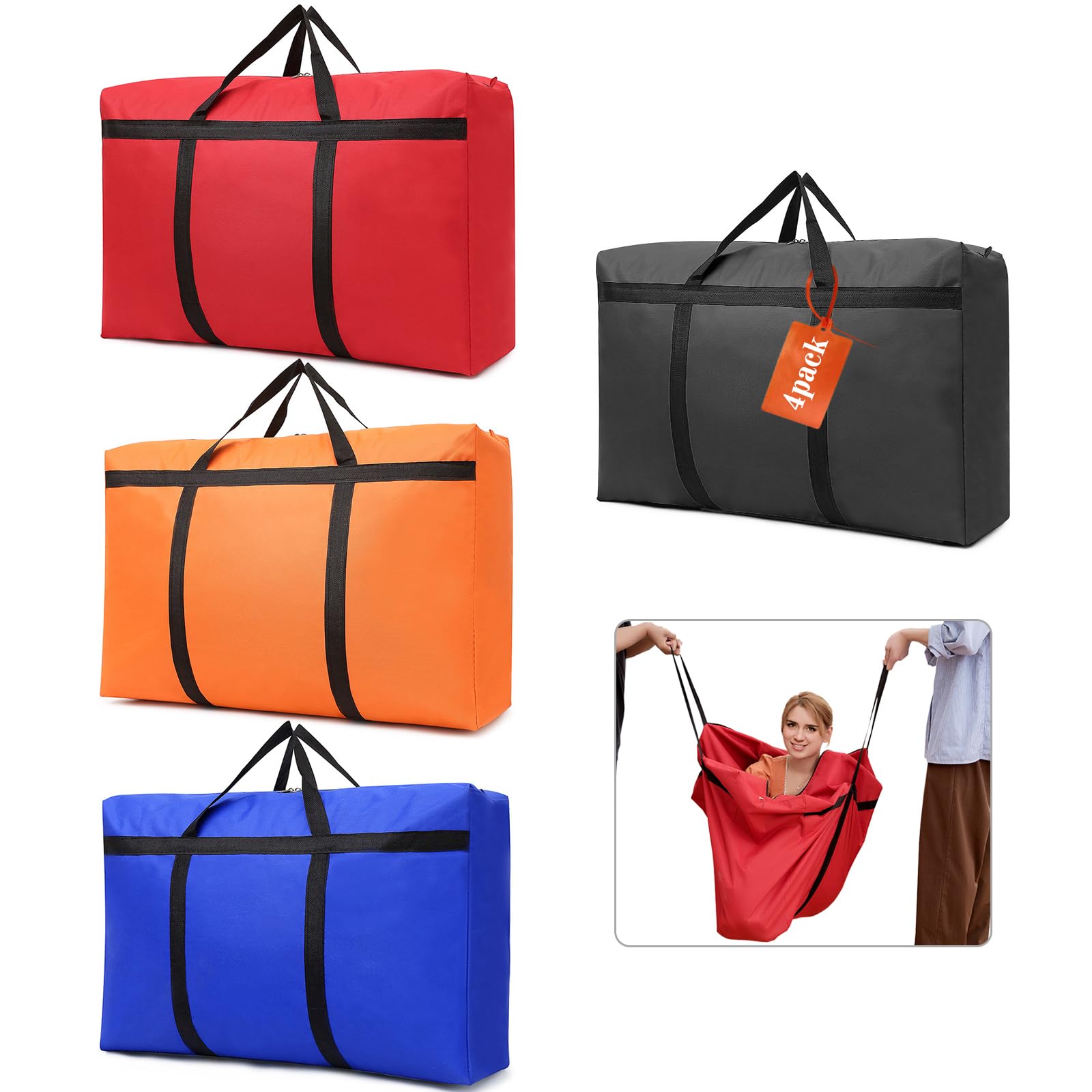 4X Heavy Duty 100L Extra Large Moving Bags with Carrying Handles & Zippers, Easy Storage Tote for Home Essentials, Space Saving, Clothes, Moving, College Dorm, Traveling, Camping (Mixed Color 4 Bags)