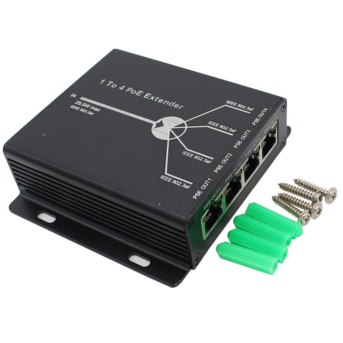POE Extender RJ45 4-Port 10/100M IEEE802.3at (Power-in) to IEEE802.3af (Power-Out) for Ethernet/PoE Power AP, IP Camera, IP Telephone and Other Network equipments