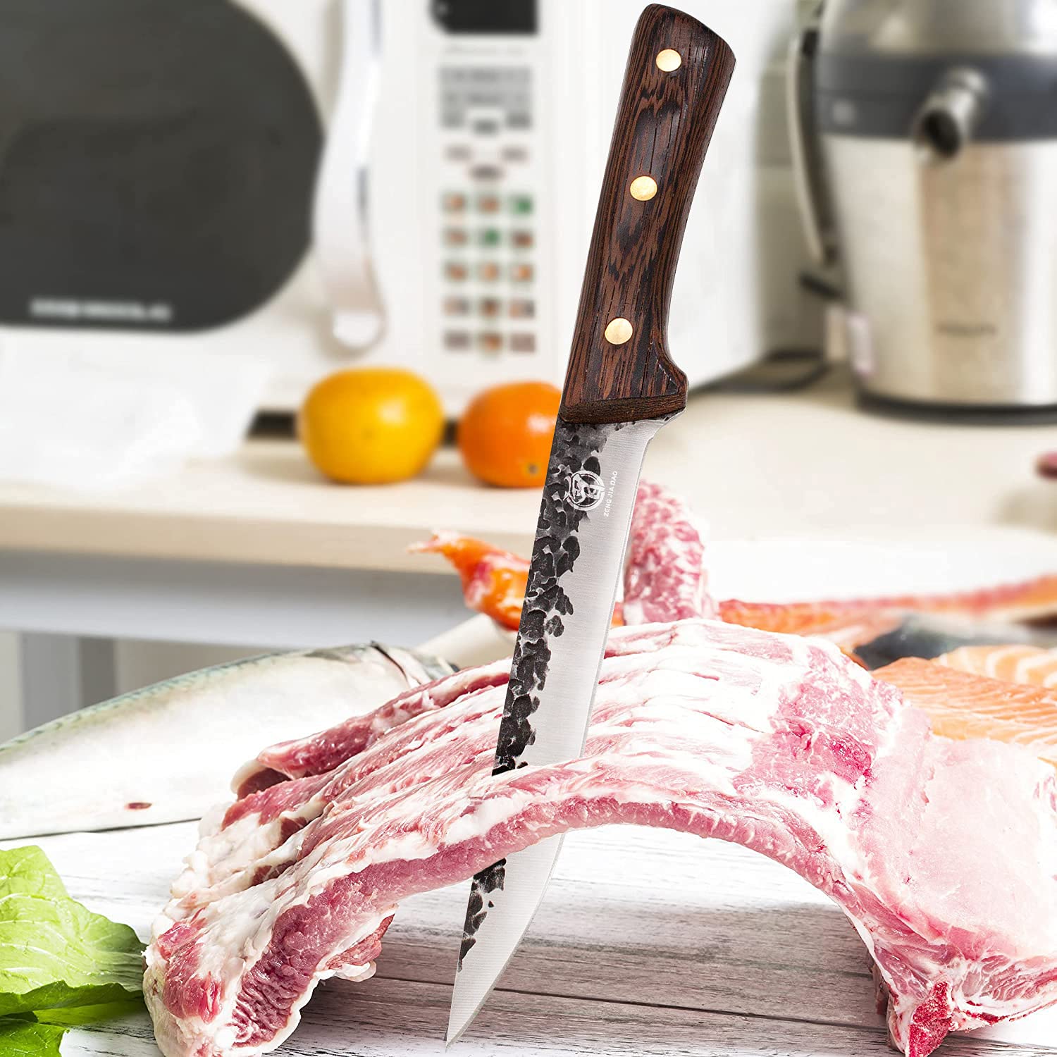 ZENG JIA DAO Full Tang Boning Knife Fillet Knife with Sheath, for deboning, meat cutting and slicing,6 inch Razor Sharp Meat Cleaver Butcher Knife