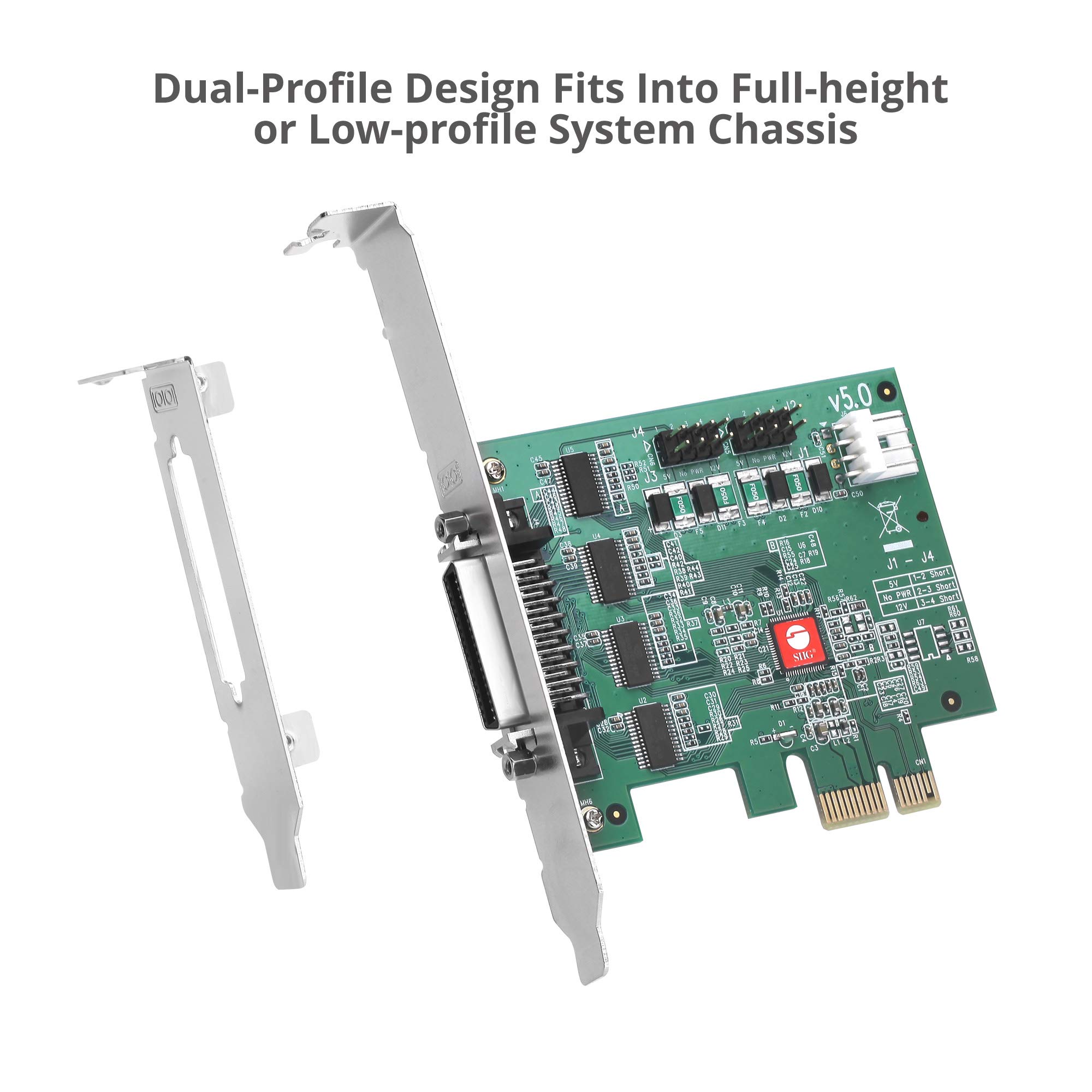 SIIG DP CyberSerial 4S PCIe, 16550 UART, Baud Rates up to 921Kbps, PCIe 2.0 x1 to 4X RS-232 Male 9-pin DB9, RS-232 5V or 12V Power, ASIX AX99100 Chipset, Dual-Profile,TAA Compliant JJ-E40011-S5