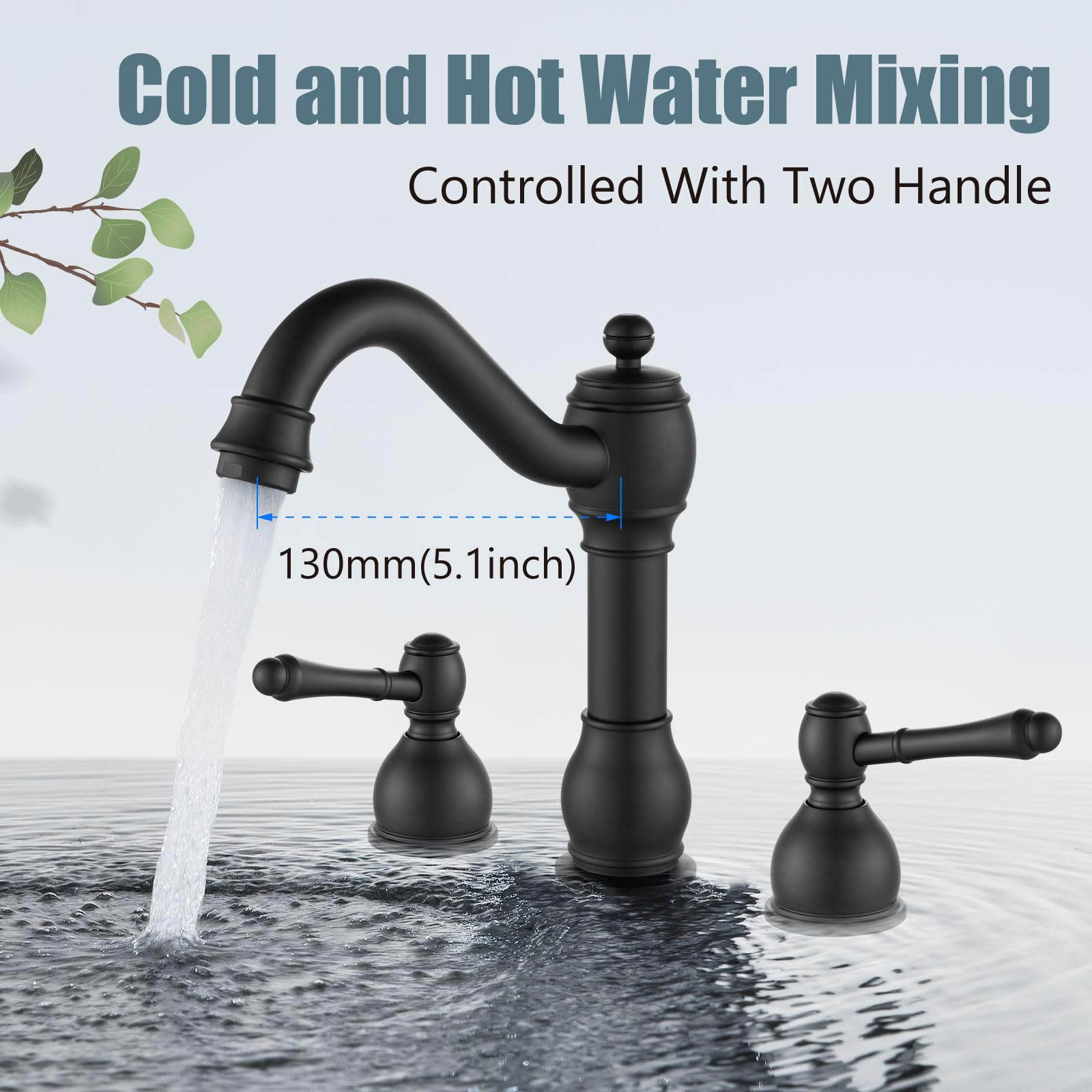 Aolemi Matte Black 8 Inch 3 Holes Widespread Bathroom Sink Faucet Doubel Lever Handle Vanity Basin Mixer Tap with Pop Up Drain Assembly Deck Mount