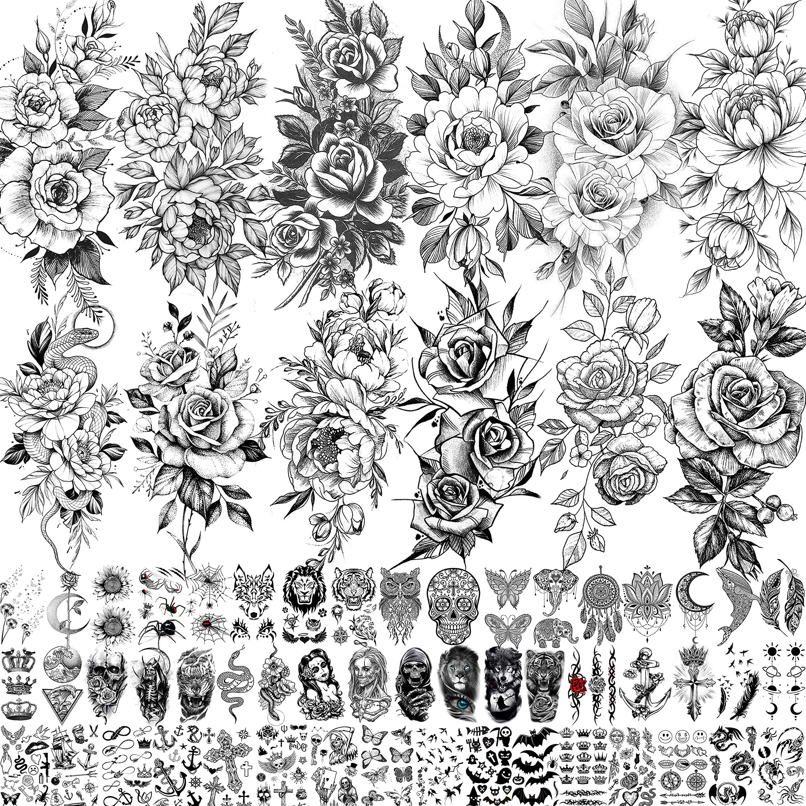VANTATY 63 Sheets Realistic Black Rose Peony Flower Temporary Tattoos for Women Adults Body Art Arm, Snake Fake Floral Sketch Sleeve Tattoo Sticker