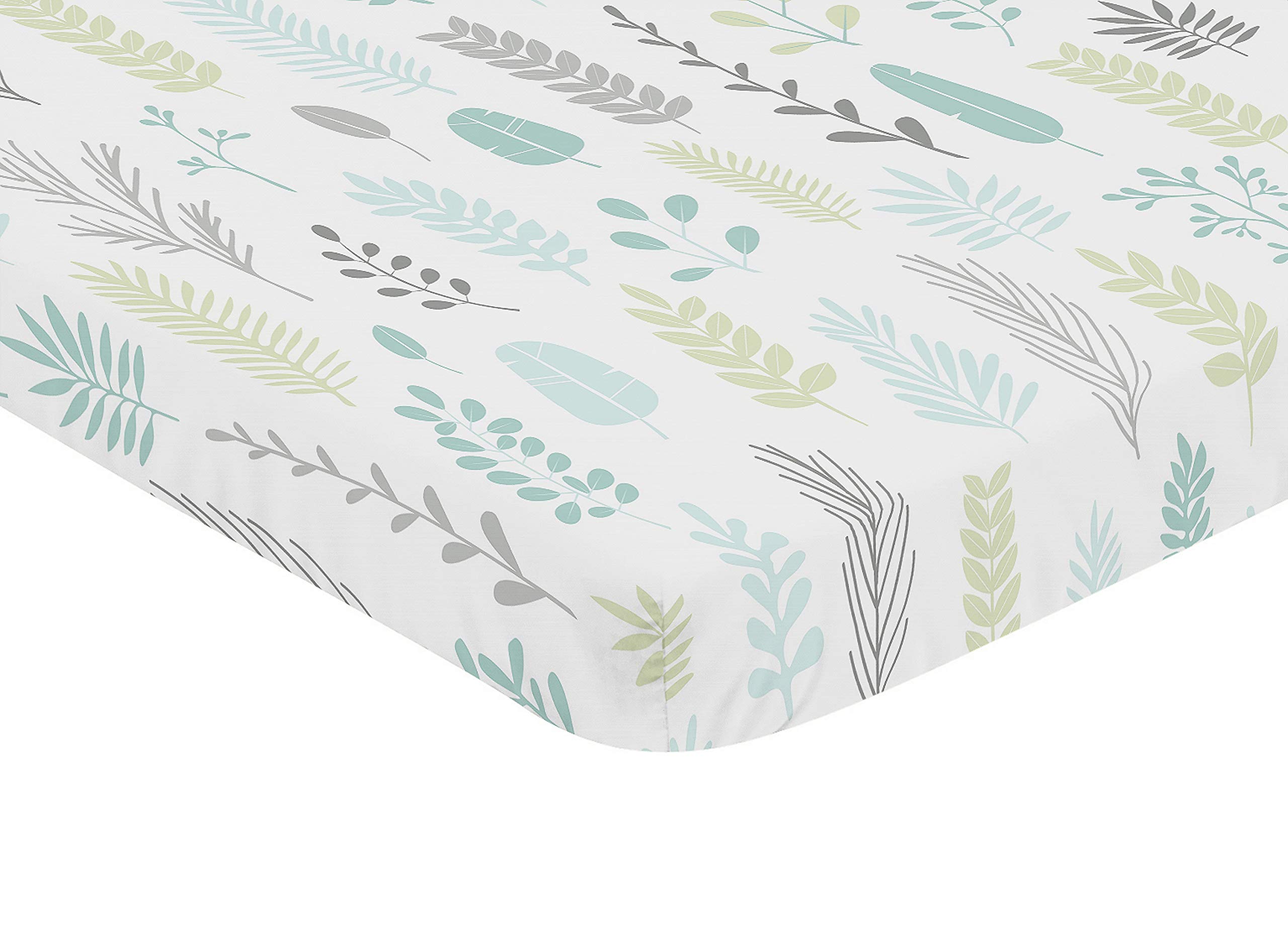 Sweet Jojo Designs Blue Grey Tropical Leaf Unisex Boy Girl Baby Nursery Fitted Mini Portable Crib Sheet For Mini Crib, Pack and Play - Turquoise Gray Green Botanical Rainforest Jungle Sloth Collection