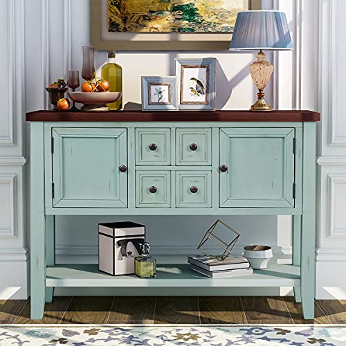 Knocbel Vintage Wood Console Table Buffet Sideboard with 4 Storage Drawers, 2 Cabinets & Bottom Shelf, Entryway Hallway Foyer Table Cupboard Coffee Bar Cabinet, 46" L x 15" W x 34" H (Antique Blue)