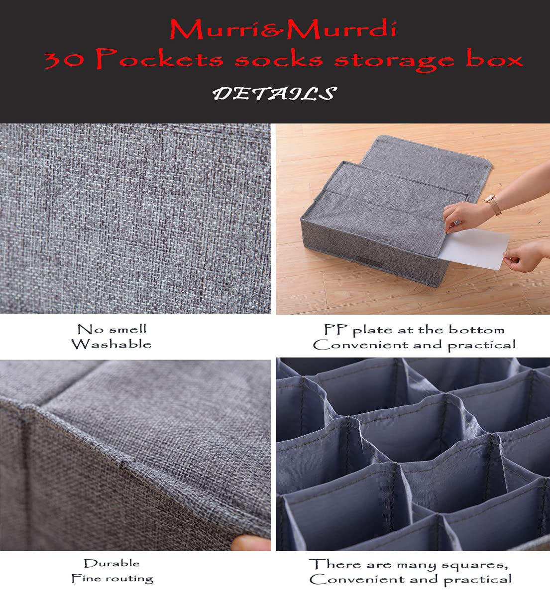 MURRI&MURRDI 2 Packs Sock and Underwear Storage for Closet with Lids,30 Cells Drawer Divider,Linen Cotton Sock Organizer,Foldable Closet Storage Box Bin for Socks, Lingerie, Ties,Scarves (2 Grey)