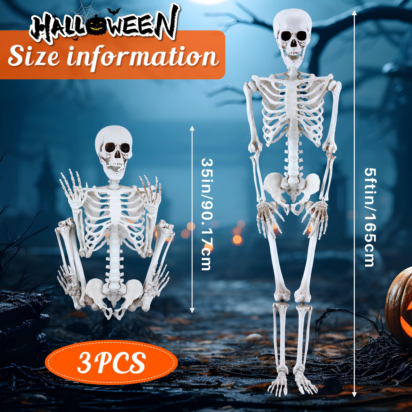 3 Pcs Halloween Skeleton Decoration Poseable Skeleton Full Size Halloween Skeleton Plastic Skeleton with Movable Posable Joints for Hanging Halloween Outdoor Yard Garden Lawn Party Decor (5 ft)