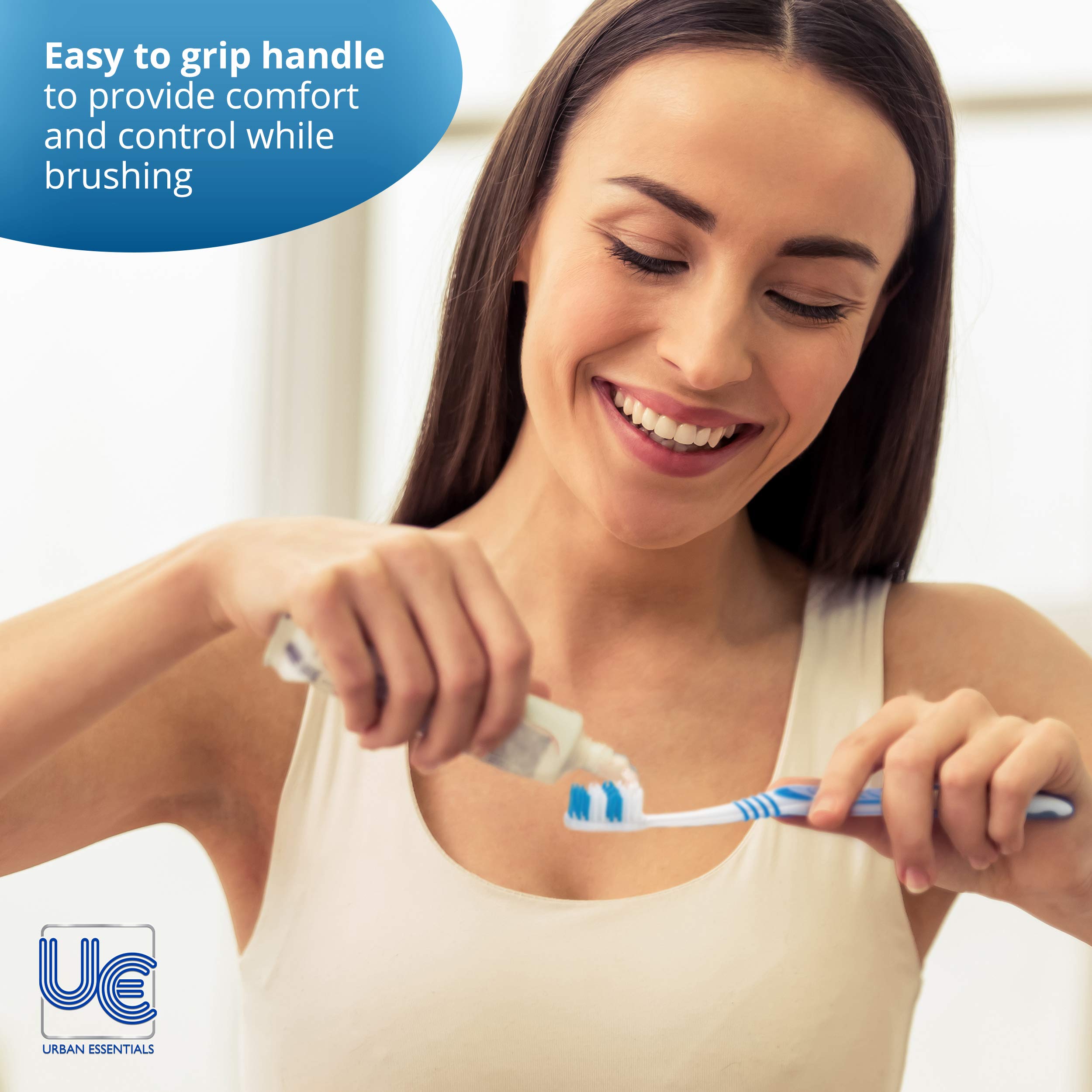 Urban Essentials Bulk Toothbrush Package with Covers | Premium Quality Individually Wrapped Colorful Tooth Brushes | Medium Soft Toothbrush Hygienic Cap for Donations, Travel, Hotels (100 Pack)