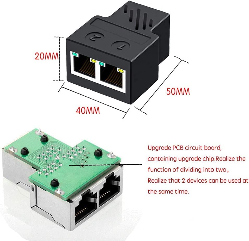 RJ45 Network Splitter Adapter,Wuedozue 1 to 2 Dual Female USB to RJ45 Port with USB Power Cable LAN Interface Ethernet Socket Connector 8P8C Extender Plug Go Online Simultaneously for Cat6, Cat7