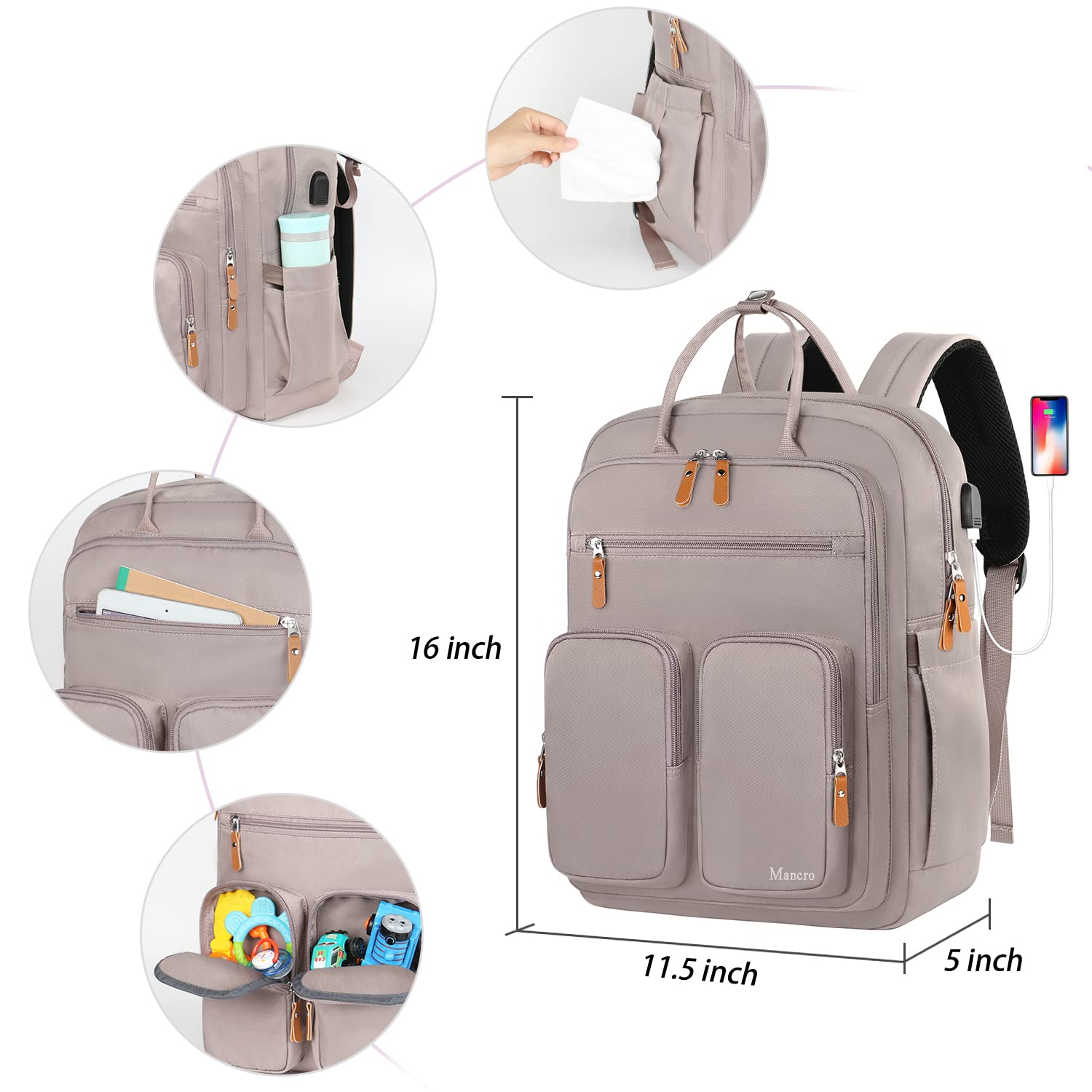 Mancro Diaper Bag Backpack, Large Bady Bag, Multifunction Maternity Baby Nappy Bag for Dad & Mom with Changing Pad, USB Charging Port, Insulated Pockets, Laptop Pocket and Stroller Straps