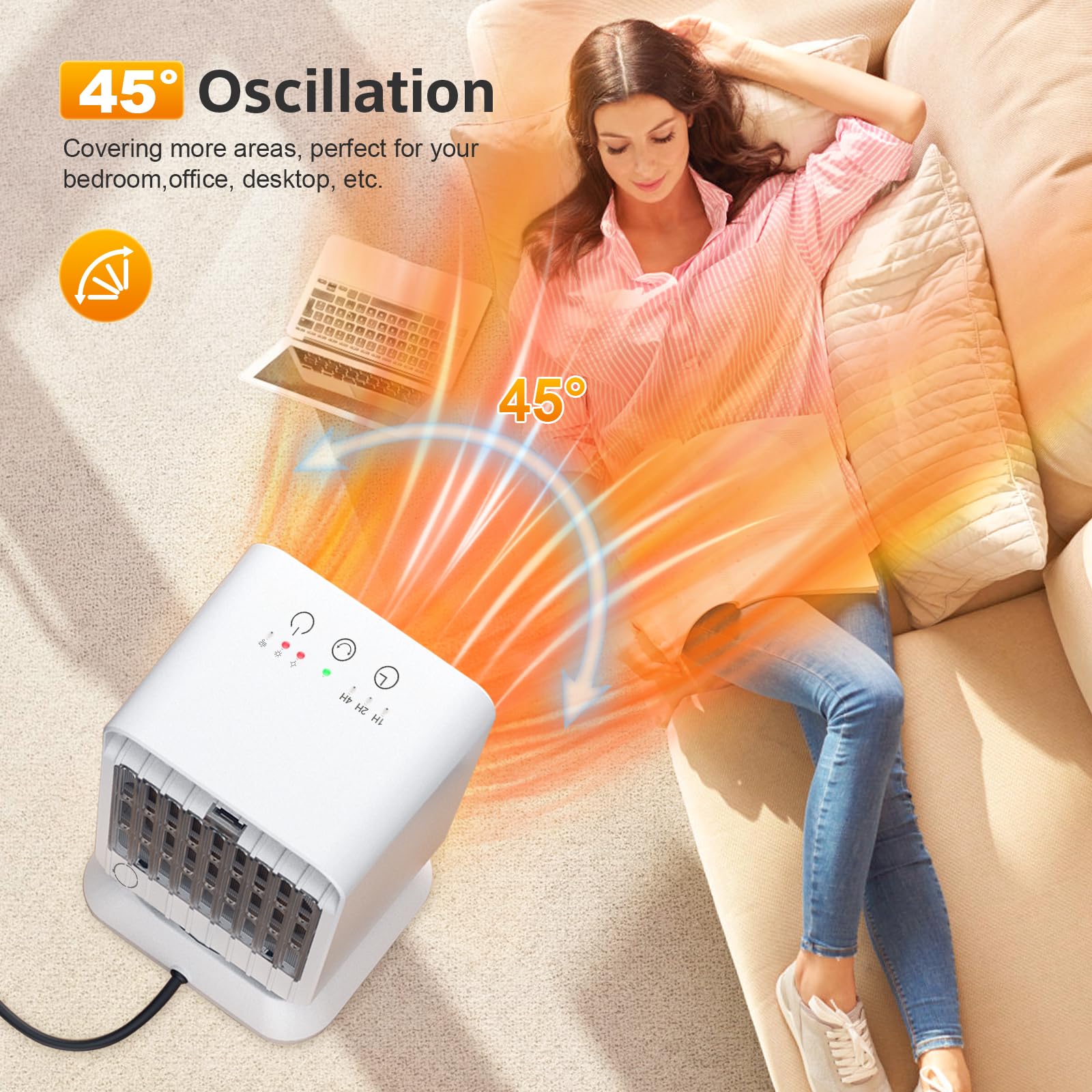 AIDENOEY Space Heater with 3 Modes,1000W Energy Efficient Quiet Mini Portable Heater, 45°PTC Ceramic Fast Heater with Timer & Auto Shut Off Function for Office Home Indoor Use (White)