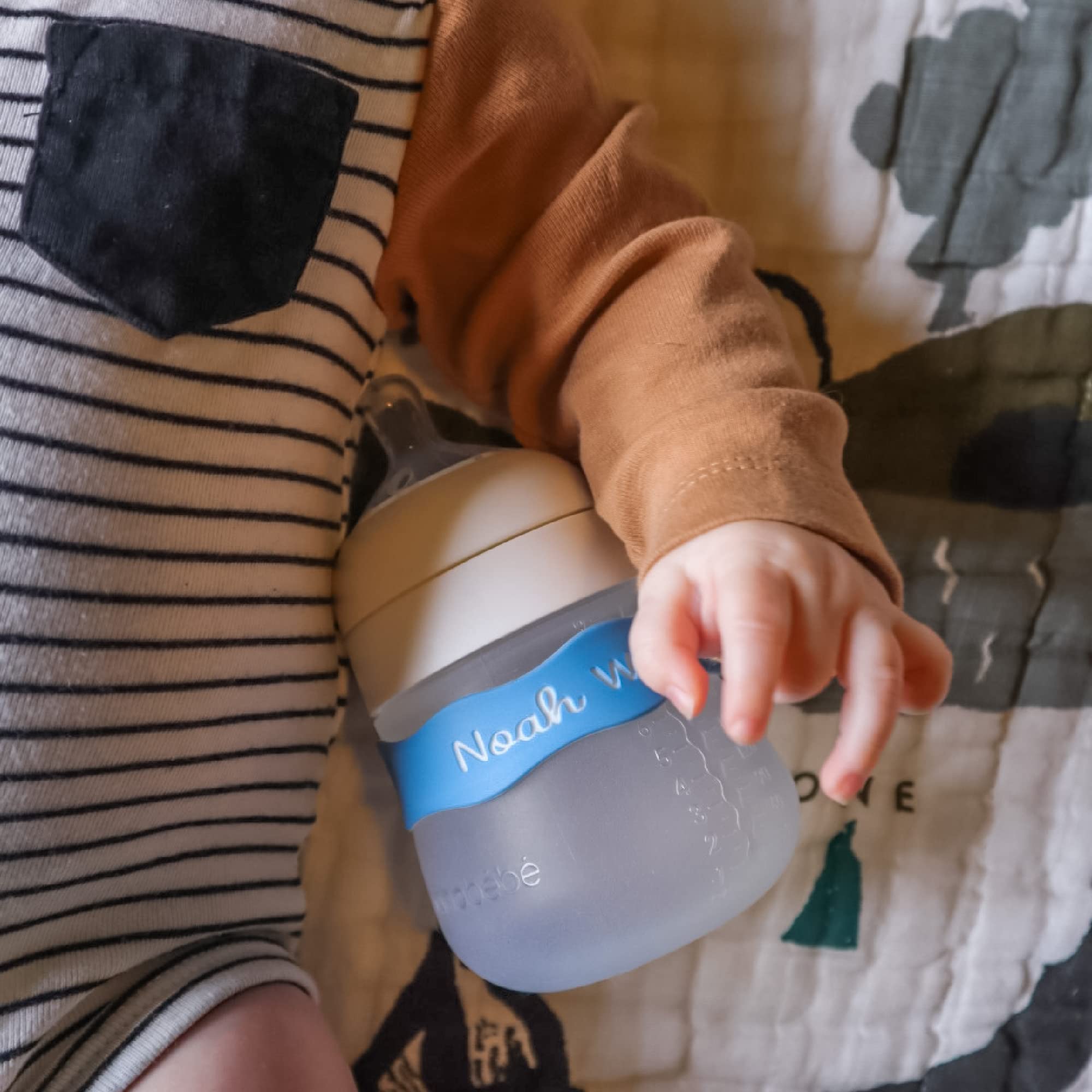 InchBug Orbit Labels - White Contrasting Personalization Silicone Baby Bottle & Sippy Cup Bands - Reusable, Dishwasher Safe, Engraved Name Labels for Daycare, 4-Pack (Nautical Navy)
