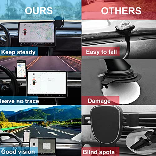 TSELLER for Tesla Model Y Model 3 Phone Holder Cell Phone Mount Silence Screen Phone Cradle Kits Adaptive for 5.5-7.0" Smartphones Accessories with Silicone Sunglasses Organizer