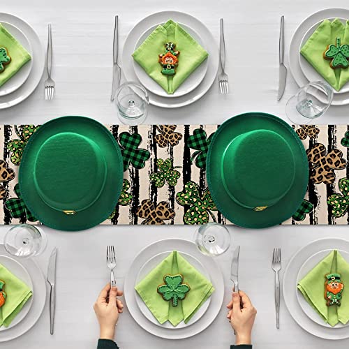 Seliem St. Patrick's Day Shamrock Clover Table Runner, Black Stripe Buffalo Polka Dot Leopard Kitchen Dining Table Decor Irish Burlap Home Decoration Indoor Outdoor Holiday Party Supply 13 x 72 Inches
