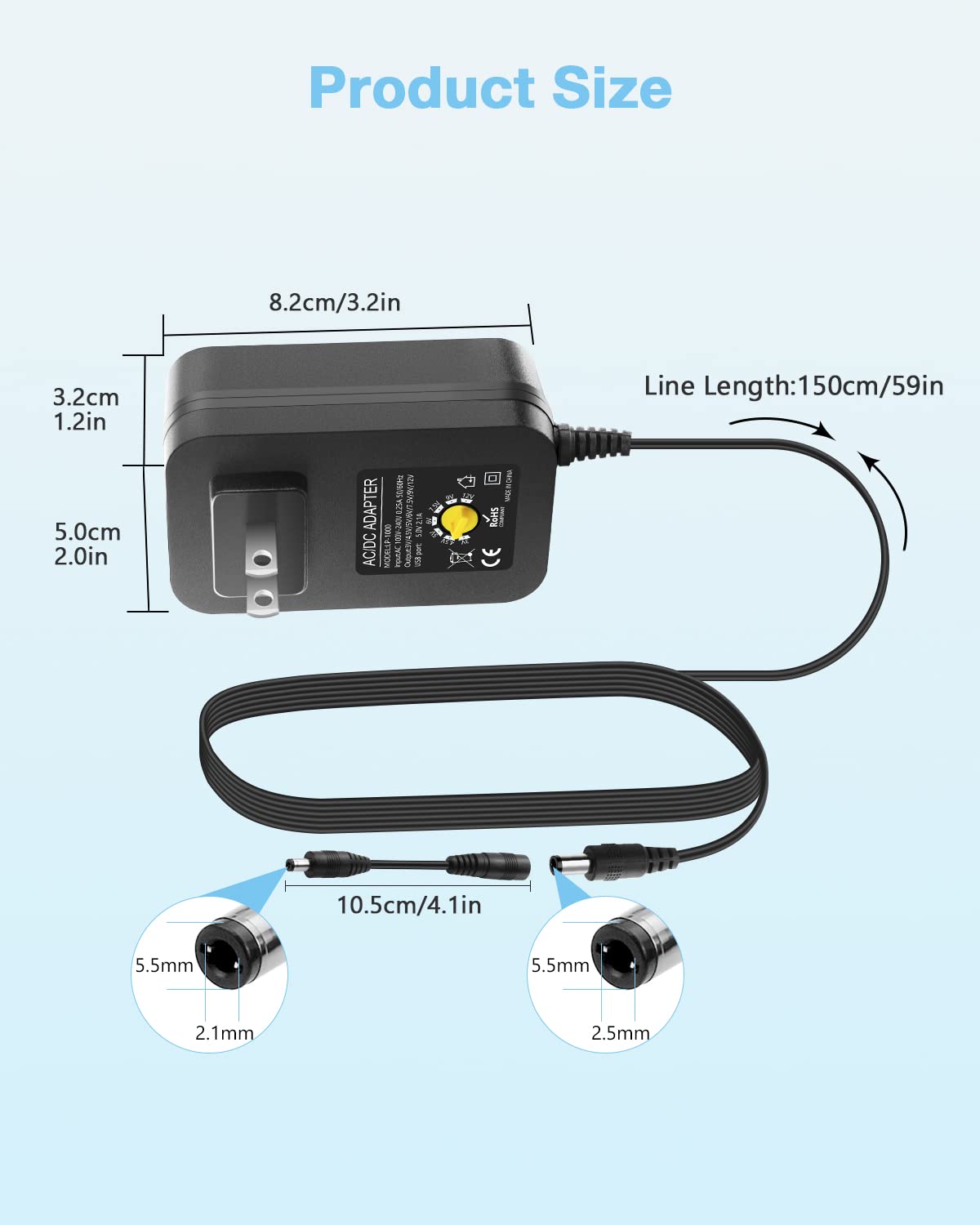 Aclorol Universal Power Adapter 30W 12V 9V 7.5V 6V 5V 4.5V 3V Adjustable Variable Power Supply AC/DC Adapter Converter Switching 100V-240V AC to DC 3V-12V with Polarity Converter & 14 Tips