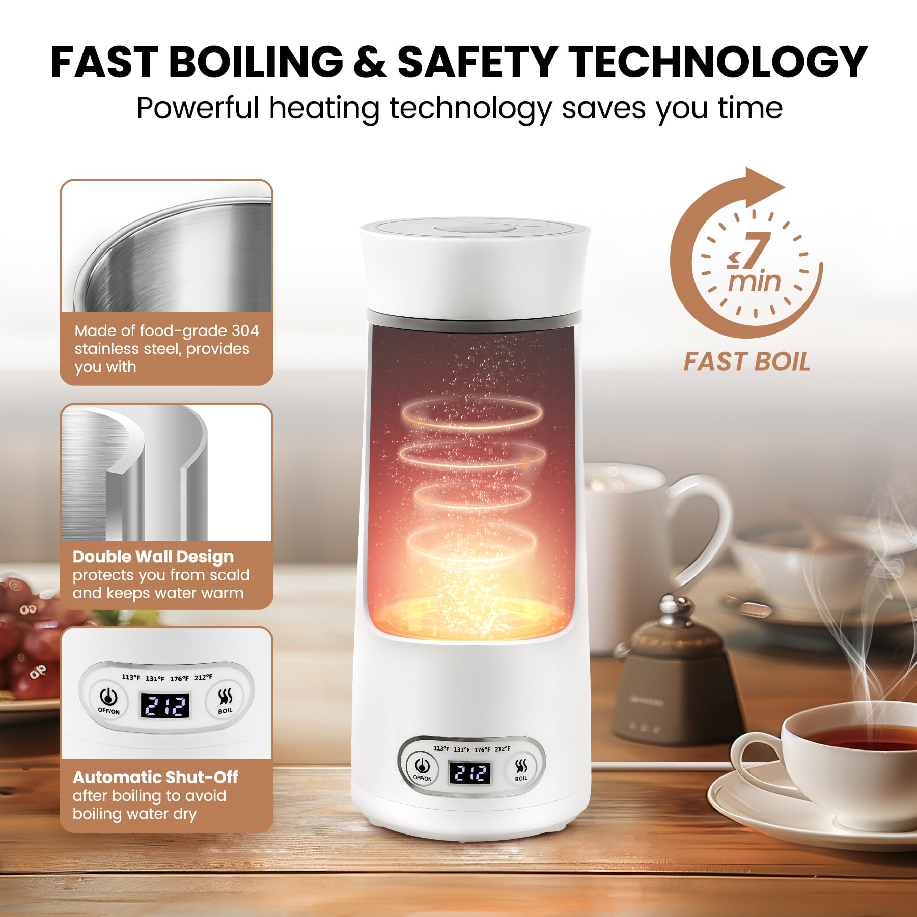 Travel Electric Tea Kettle Portable Small Mini Coffee Kettle, HELlME Water Boiler with 4 Variable Presets, Personal 304 Stainless Steel Water Heater with Auto Shut-Off & Boil Dry Protection