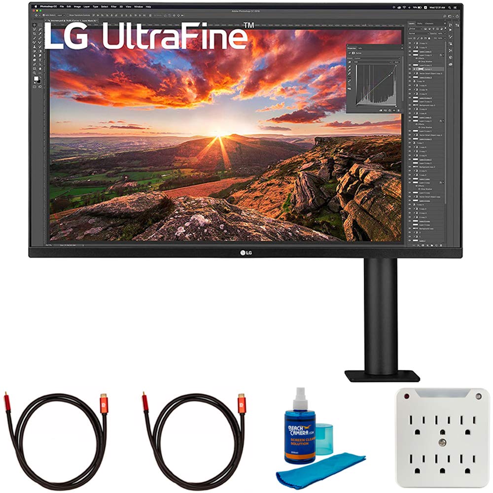 LG 32UN880-B 32 Inch Ultrafine Display Ergo 4K HDR10 Monitor Bundle with 2X 6FT Universal 4K HDMI 2.0 Cable, Universal Screen Cleaner and 6-Outlet Surge Adapter