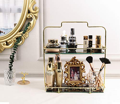 Simmer Stone Makeup Organizer Shelf, 2 Tier Cosmetic Storage Basket with Removable Glass Tray, Wire Vanity Organizer Rack for Dresser, Countertop, Bathroom and More, Gold