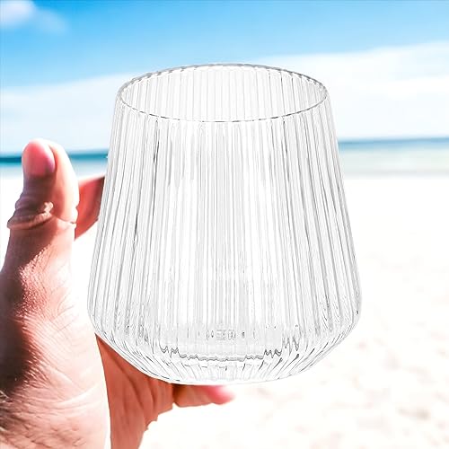 36 count origami ripple Unbreakable Stemless Plastic Wine Champagne Whiskey Glasses Elegant Durable Disposable Indoor Outdoor Ideal for Home, Office, Bars, Wedding, Ribbed 12 Ounce Cups (Clear)