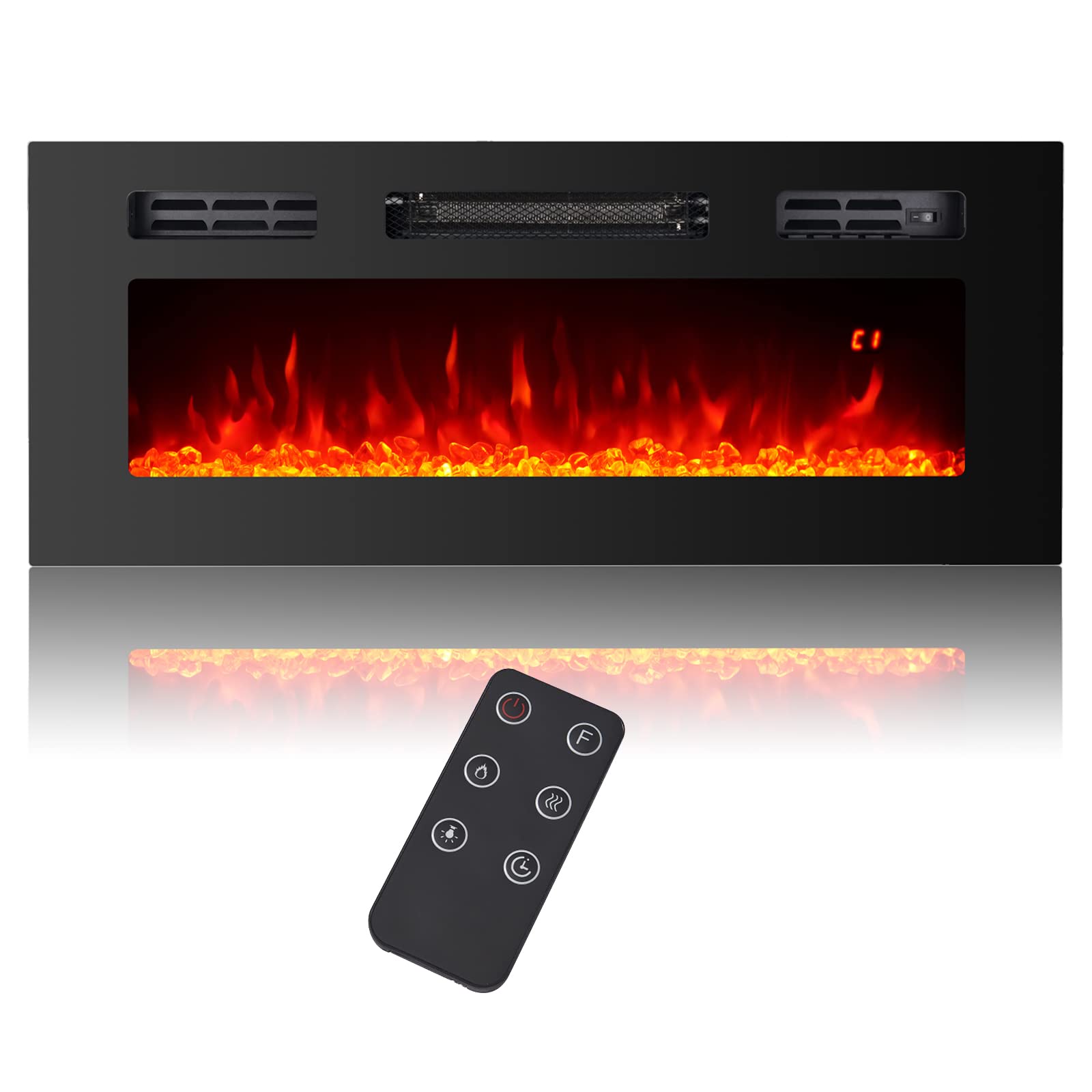 36" Electric Fireplace Insert 750/1500W Stove Heater with Recessed Mounted, 3 Colors Flame, 5 Levels Adjustable Flame Brightness, Timer Setting, Remote Control Fireplace Heater 18" H