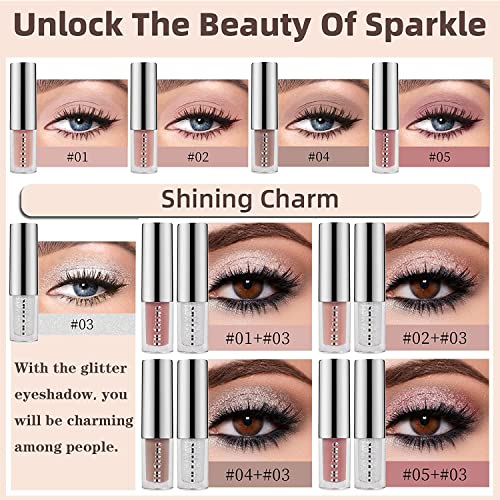 4Pcs Matte Liquid Eyeshadow + 1Pcs Sparkling Glitter Eyeshadow Set, Korean Makeup, Neutral Naked Nude Bling Eye Shadows,Quick Drying,Waterproof, Long Lasting,One Swipe Eye Make Up Kit for Natural Crystals Makeup