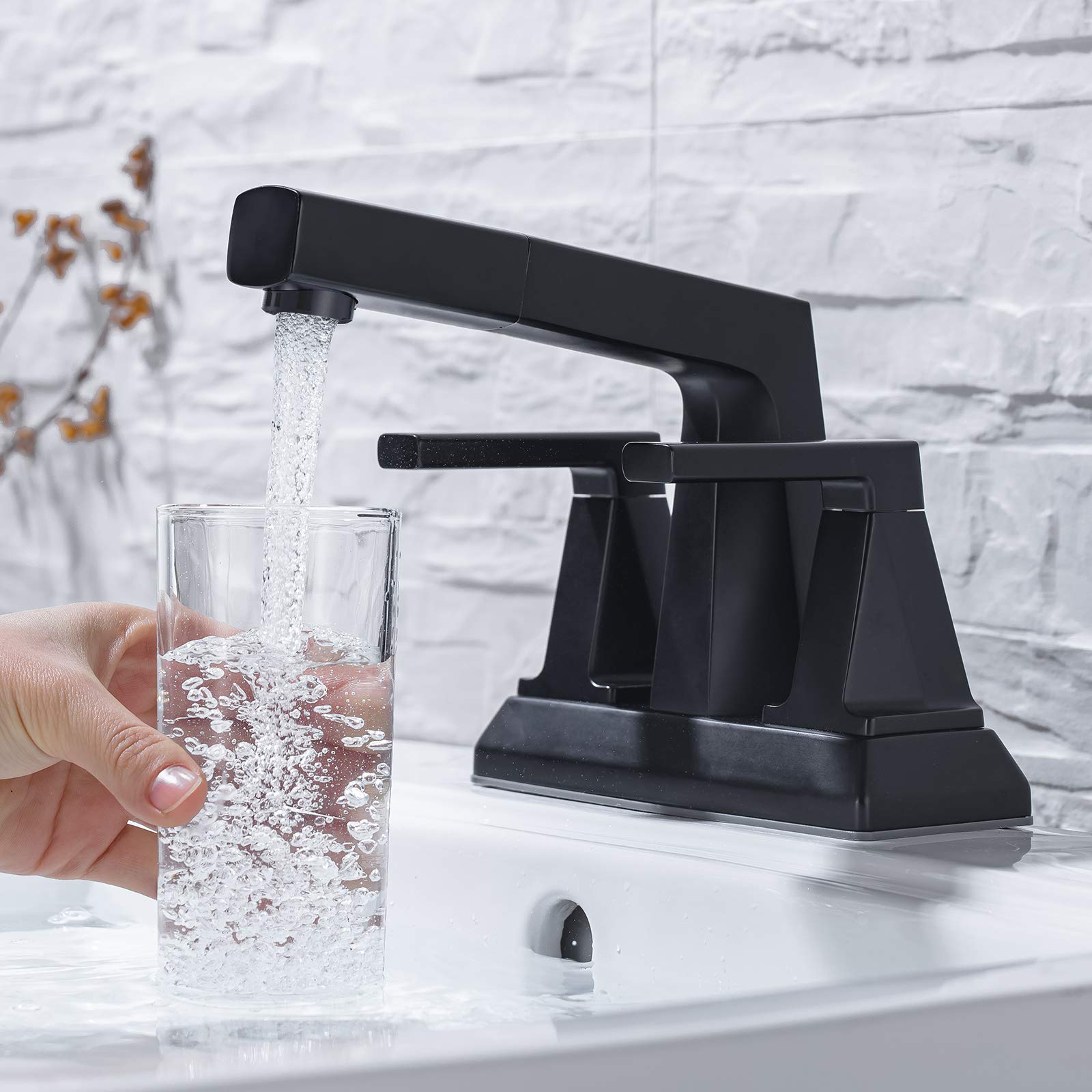 KAIYING 2 Handle Centerset Bathroom Sink Faucet, Black Bathroom Faucet 3 Hole with Pull Out Sprayer, 4 Inch Lavatory Faucet, Modern Vanity Faucet, Mixer Tap for Hot and Cold Water