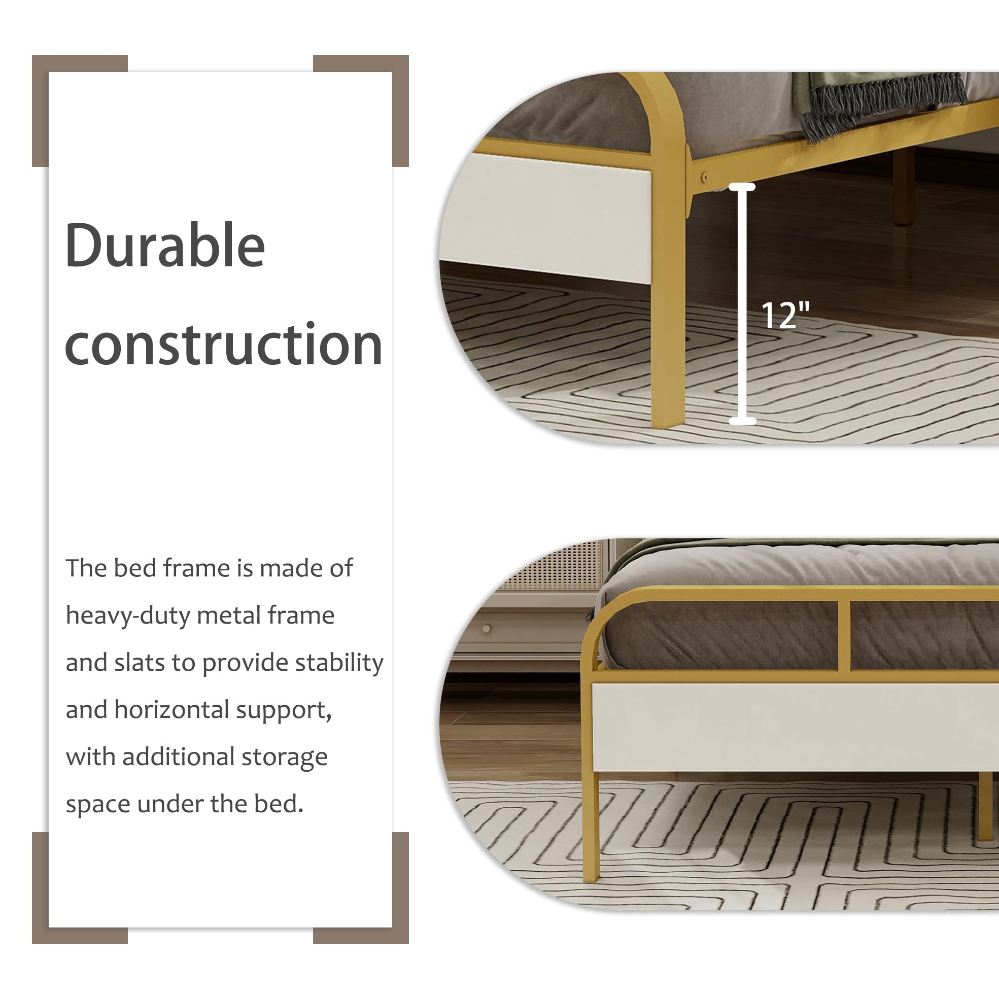 alazyhome Modern King Size Bed Frame, Metal Platform Bed with Velvet Upholstered Headboard, Steel Slats Support, Noise Free, Under-Bed Storage, Easy Assembly, Gold