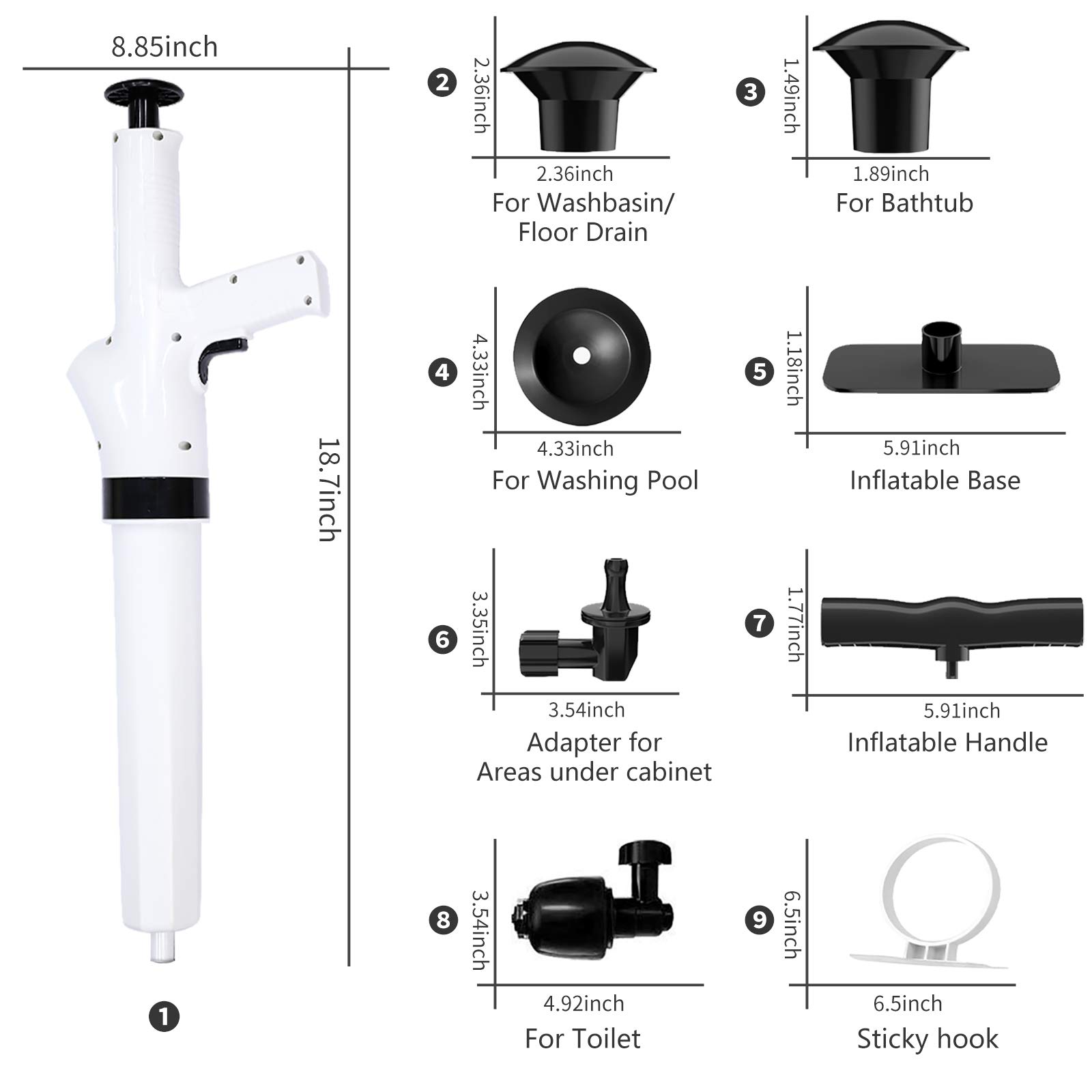 9 in 1 White Air Pressure Plunger Kits,Air Drain Blaster Gun Plunger High Pressure with 5 Heads,Detachable Assembly Sewer Toilet Kitchen Sink For Clogged Toilet and Kitchen Bathroom Tubs