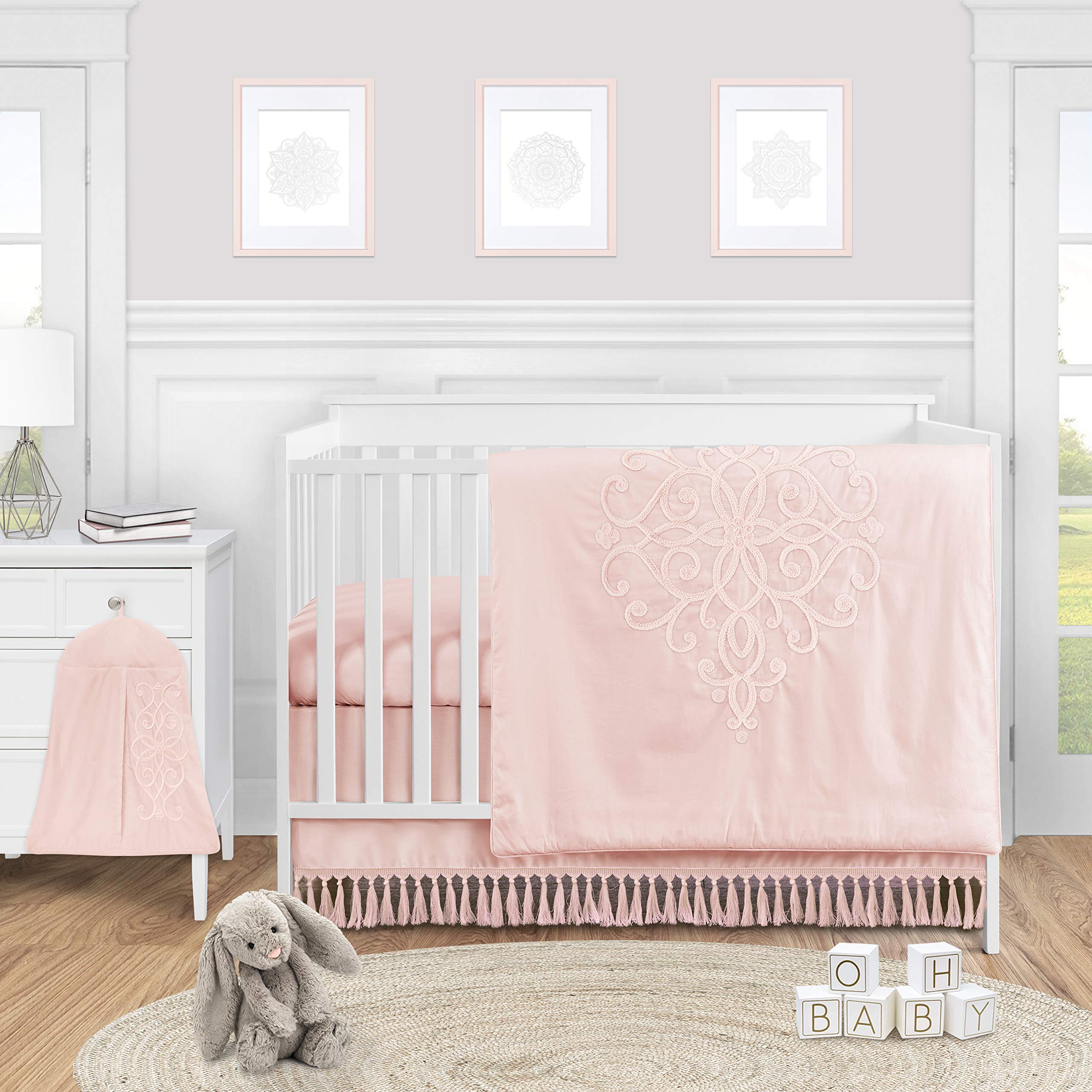 Sweet Jojo Designs Pink Boho Bohemian Baby Girl Nursery Crib Bedding Set - 4 pieces - Solid Color Blush Shabby Chic Princess Luxurious Luxury Elegant Vintage Designer Boutique Victorian Embroidered
