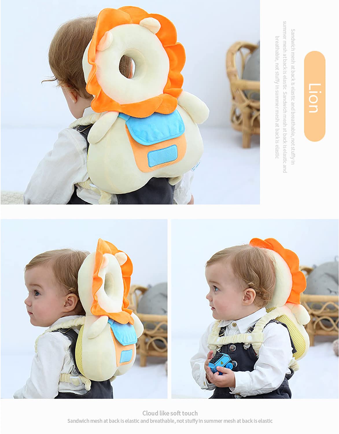 Head Safety Protector Pad for Baby Toddler Walker,Infant Talking Head Protection Backpack Cushion (Yellow Lion)