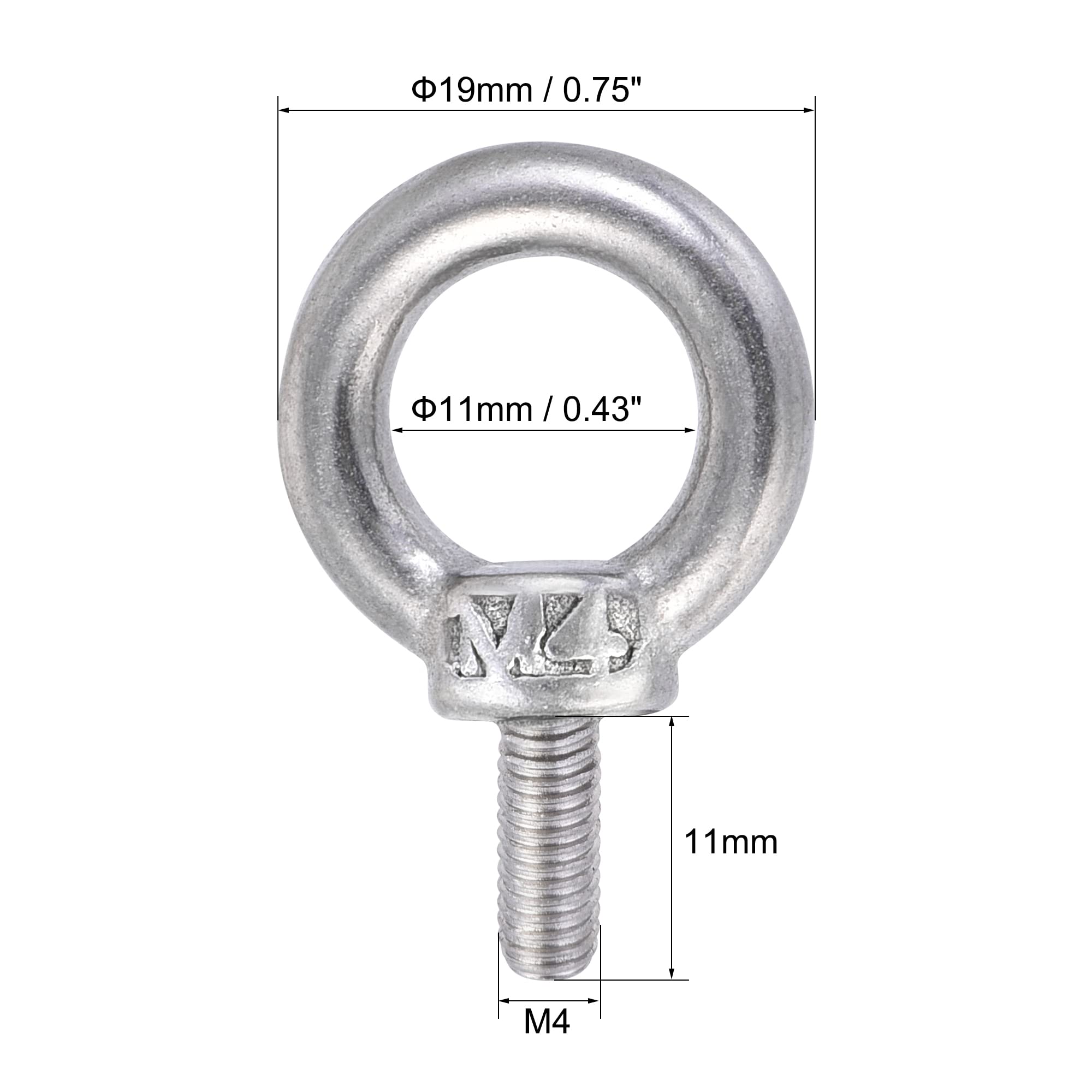 uxcell Lifting Eye Bolt M4 x 11mm Male Thread with Hex Screw Nut Gasket Flat Washer for Hanging, 304 Stainless Steel, 4 Sets