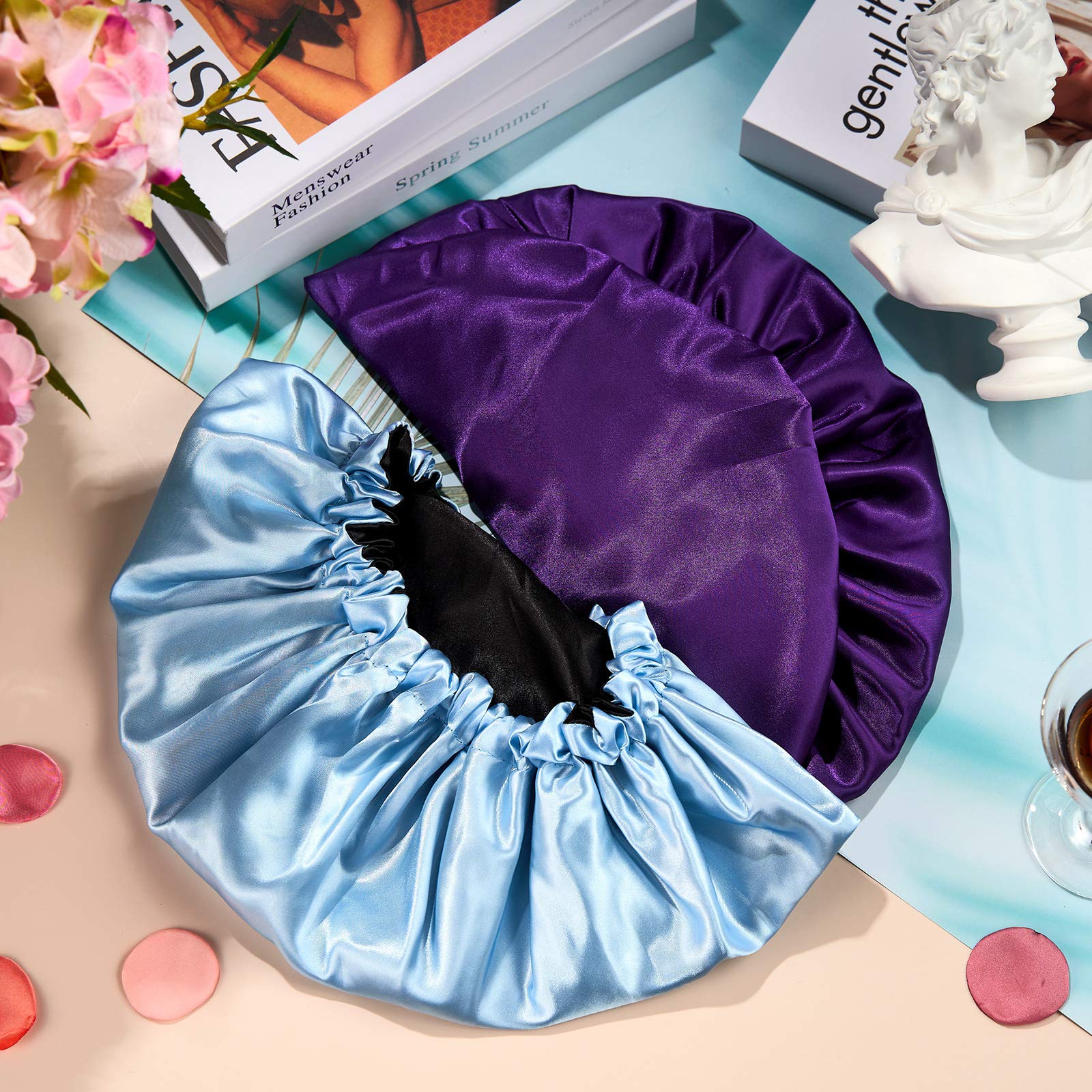 Geyoga 4 Pieces Silk Satin Bonnet Sleep Cap Extra Large Hair Bonnet for Sleeping Double Layer Reversible Hair Cap for Women Natural Curly Hair