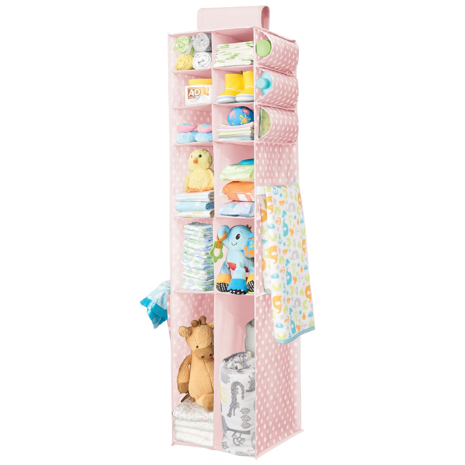 mDesign Long Fabric Hanging Organizer - Over Closet Rod Storage with 12 Shelves and Side Pockets for Baby Nursery Bedroom Organization - Hold Clothes, Linens, Toys, Accessories - Pink/White Polka Dot
