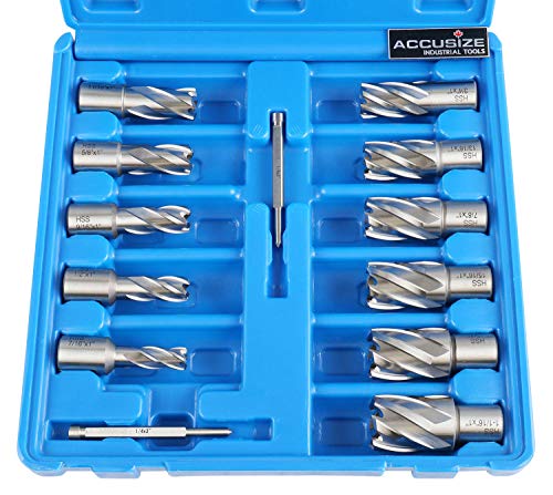 Accusize Industrial Tools 13 Pc 7/16'' to 1-1/16'' Hss Annular Cutters, 1'' Cutting Depth, 3/4'' Weldon Shank, with 2 Pilot Pins, Strong Box, N10